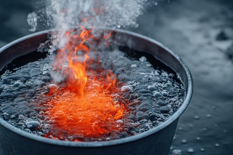 Bubbling Hot Liquid with Visible Steam and Flames in a Metal Container ...