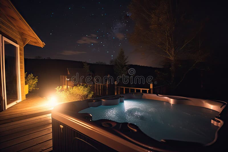 Bubbling Hot Tub Surrounded by Candles, with View of the Starry Night ...