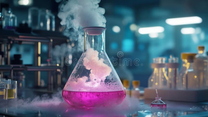 Bubbling Pink Liquid and Vapor in a Lab Flask in a High-tech ...