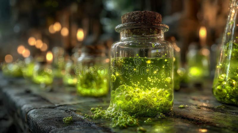 A Bubbling Vial of Neon Green Liquid Spills Over a Rustic Table in a ...