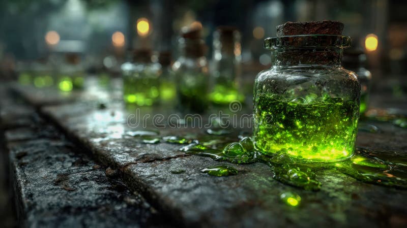 A Bubbling Vial of Neon Green Liquid Spills Over a Rustic Table in a ...