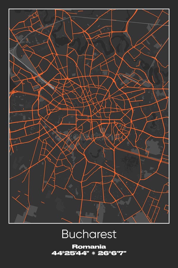 Bucharest, Romania - Vector Map of City in Gray, Black, Orange Colors Stock Vector ...