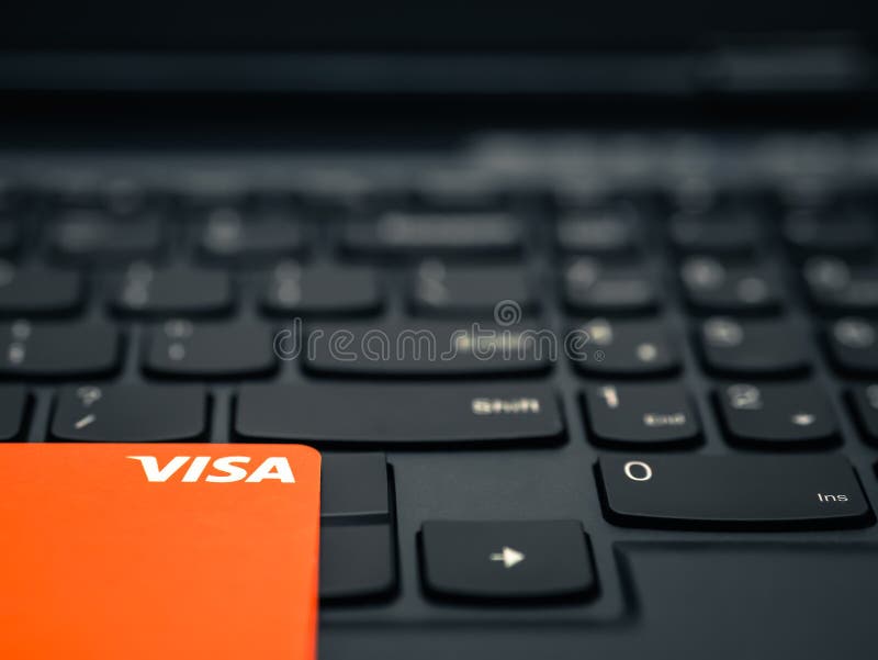 Visa Credit or Debit Card on a Computer Keyboard. Online Electronic ...