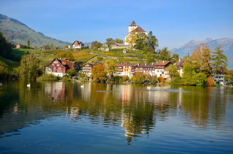 Lakeside Village In Switzerland Stock Image - Image of village ...