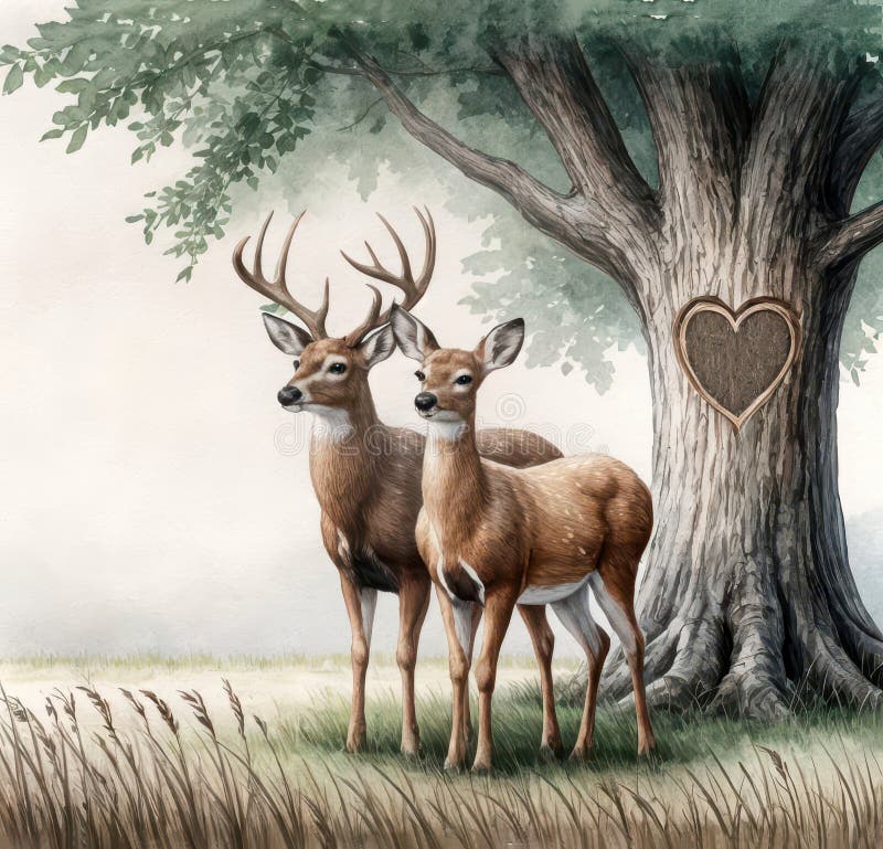 Buck and Does with Carved Tree Heart Stock Illustration - Illustration ...