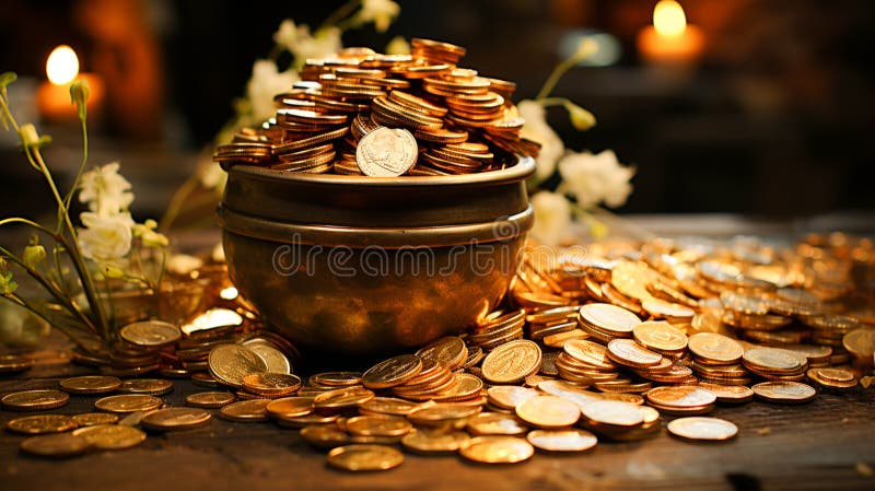 A Bucket of Coins is Filled with Gold and Silver Coins Stock Photo ...