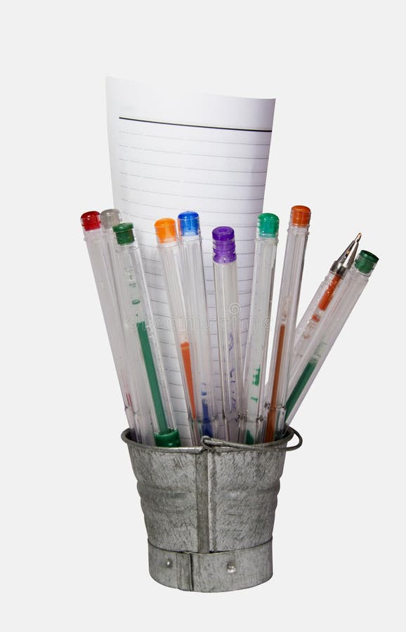 Bucket Containing Multi Pens and Note Paper Stock Photo - Image of ...