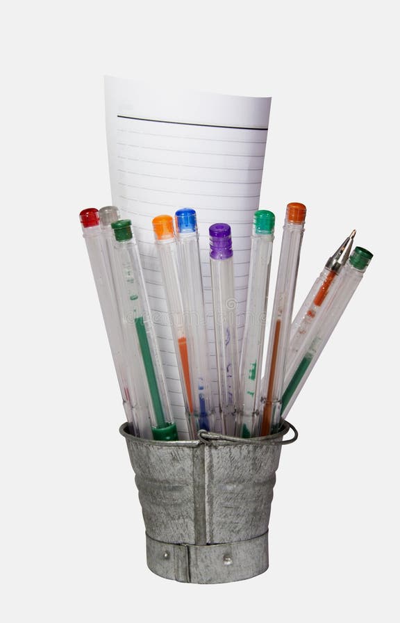 Bucket Containing Multi Pens and Note Paper Stock Photo - Image of ...