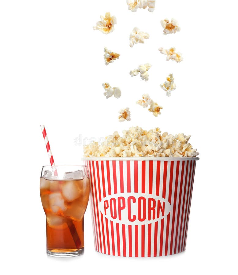 Bucket with Delicious Popcorn and Glass of Cola Stock Photo - Image of ...