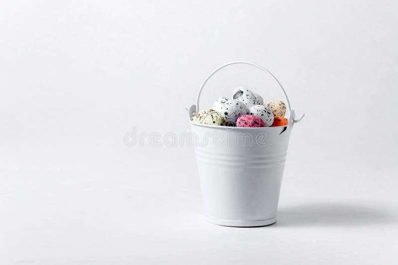 Bucket with Easter Eggs on White Background. Creative Greeting Card ...