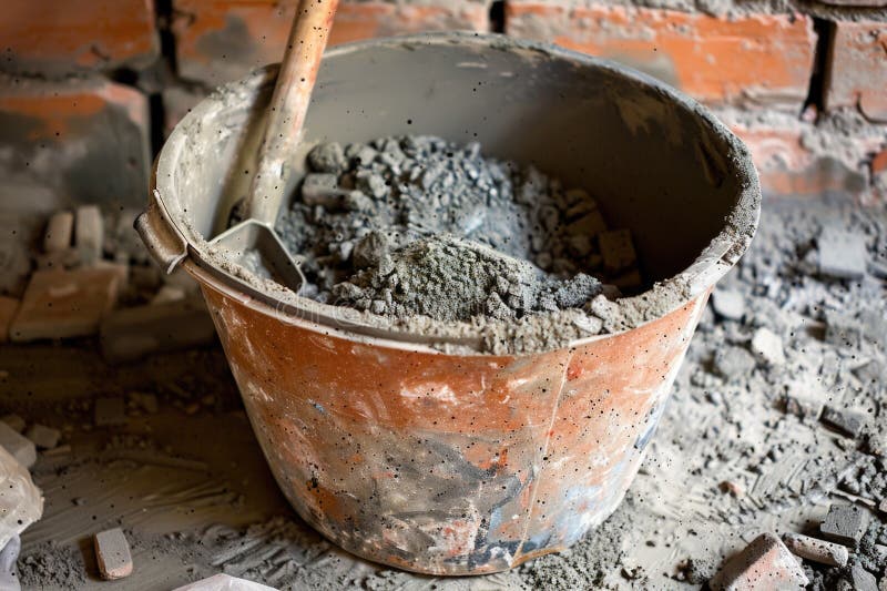 A Bucket Filled with Cement Next To a Brick Wall. Perfect for ...
