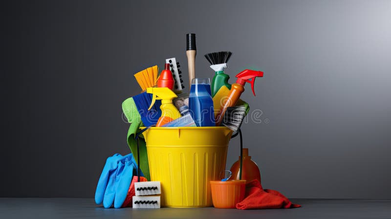 A Bucket Filled with Cleaning Supplies Placed on a Table Against a Grey ...