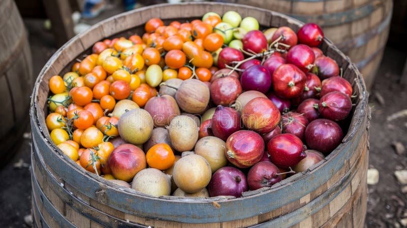 A Bucket of Fruit in a Wooden Basket Stock Photo - Image of grocery ...