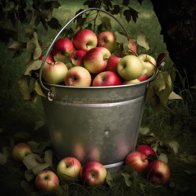 Bucket Full of Ripe Apples on the Grass. Toned Stock Illustration ...