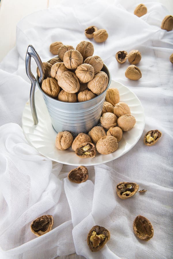 Bucket Full of Walnuts with a Nutcracker on a White Background Stock ...