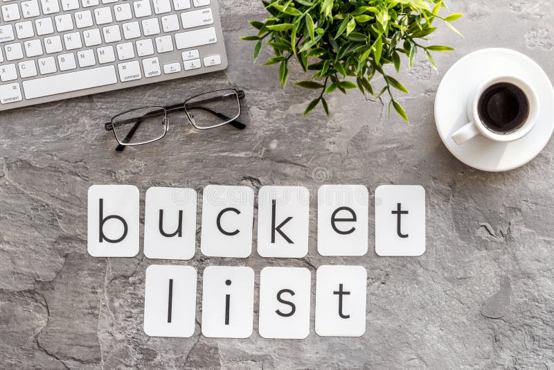 Bucket List. Text on Grey Office Desk Top-down Stock Photo - Image of ...