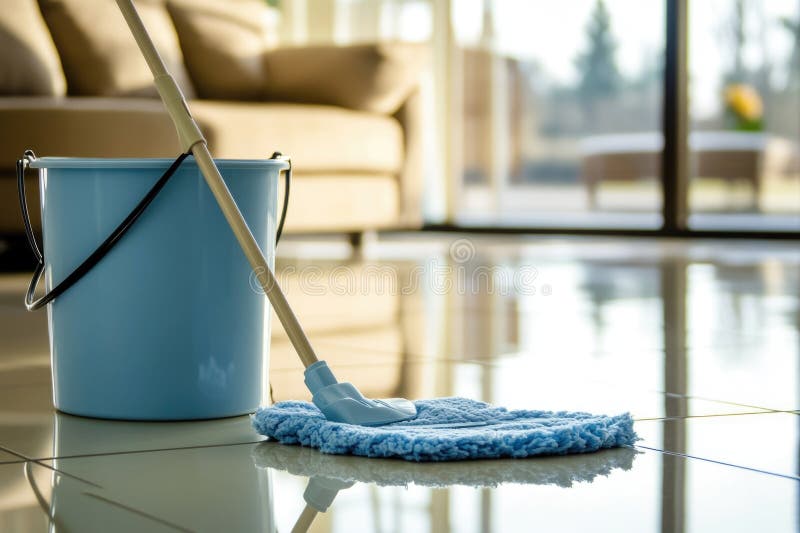A Bucket and Mop Placed on a Tile Floor, Ready for Cleaning Stock Photo ...