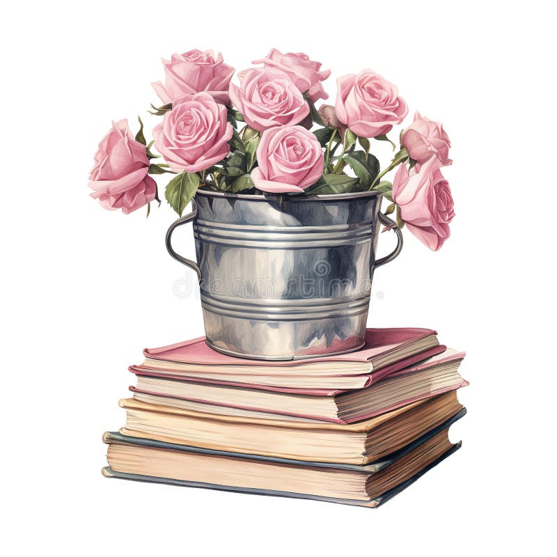 Bucket of Pink Roses on a Stack of Books Stock Image - Illustration of ...