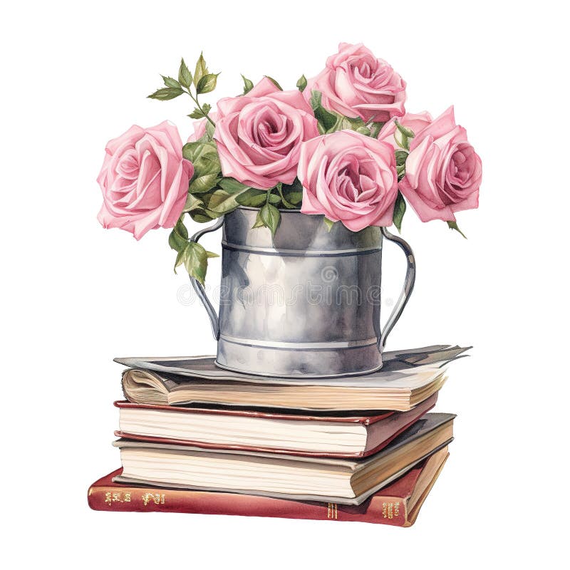 Bucket of Pink Roses on a Stack of Books Stock Image - Illustration of ...