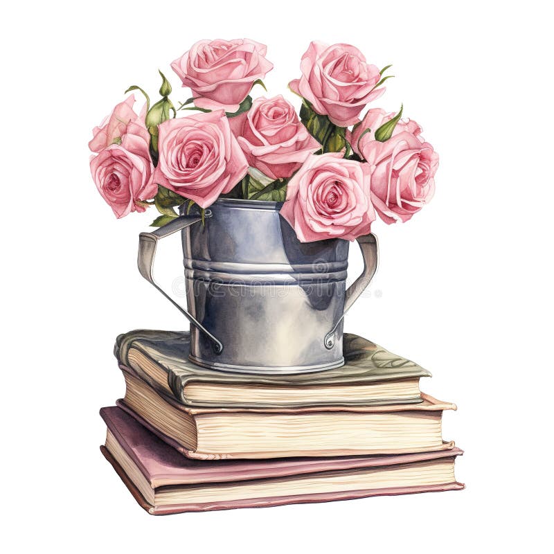 Bucket of Pink Roses on a Stack of Books Stock Photo - Illustration of ...