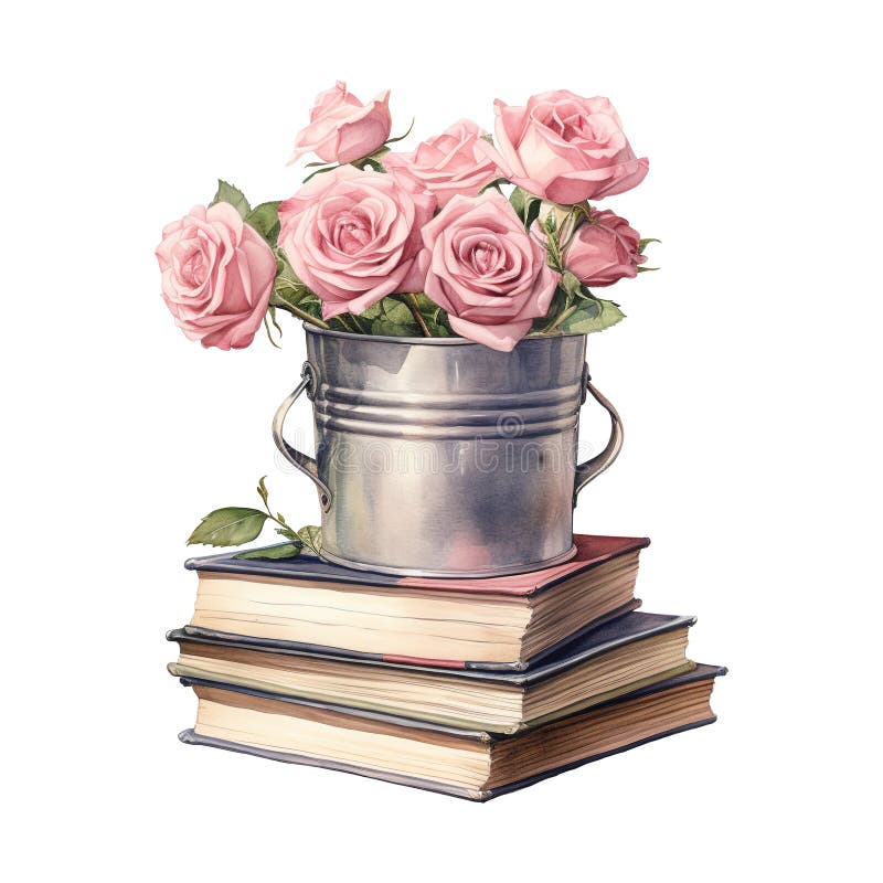 Bucket of Pink Roses on a Stack of Books Stock Photo - Illustration of ...