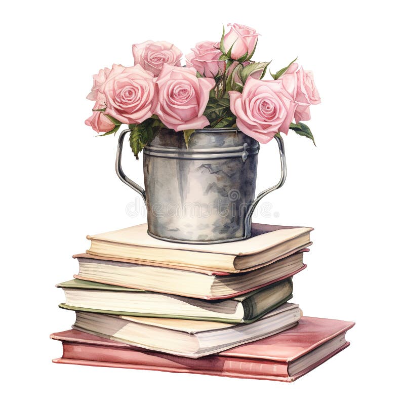 Bucket of Pink Roses on a Stack of Books Stock Photo - Illustration of ...