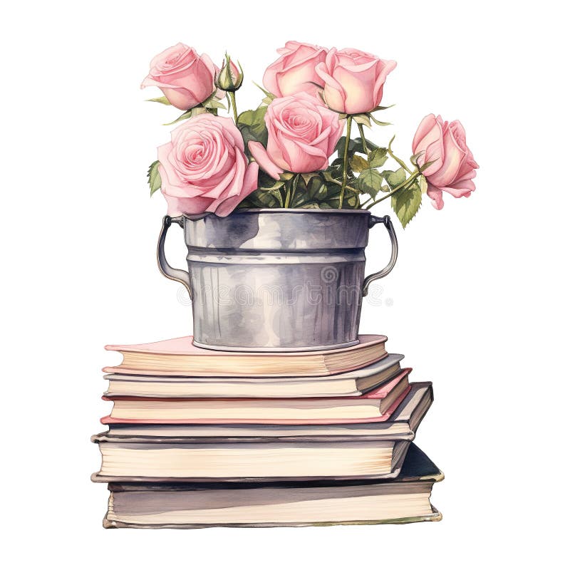 Bucket of Pink Roses on a Stack of Books Stock Image - Illustration of ...