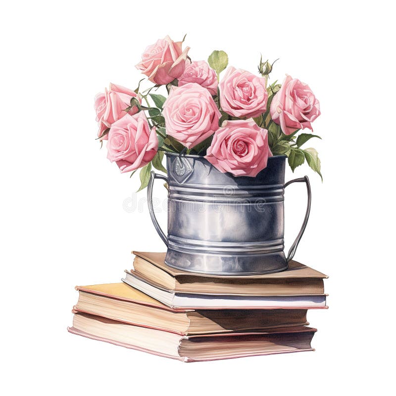Bucket of Pink Roses on a Stack of Books Stock Image - Illustration of ...