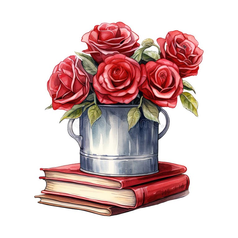 Bucket of Red Roses on a Stack of Books Stock Image - Illustration of ...