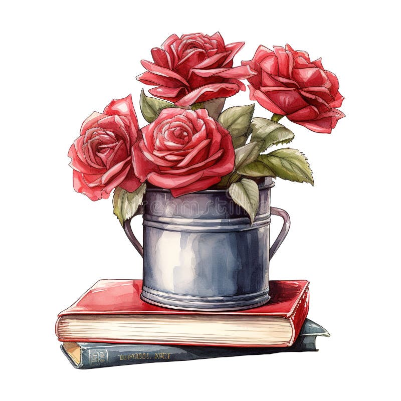 Bucket of Red Roses on a Stack of Books Stock Photo - Illustration of ...
