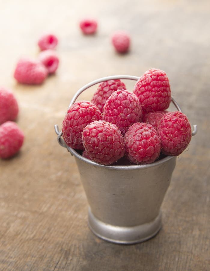 Bucket of Ripe Raspberries on Wooden Table Stock Image - Image of diet ...