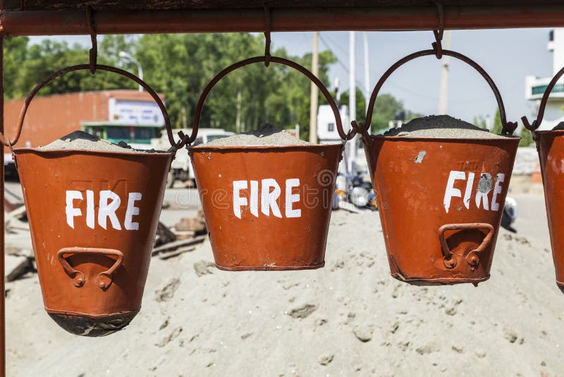 Bucket with Sand for Fire Fighting Stock Photo - Image of window ...