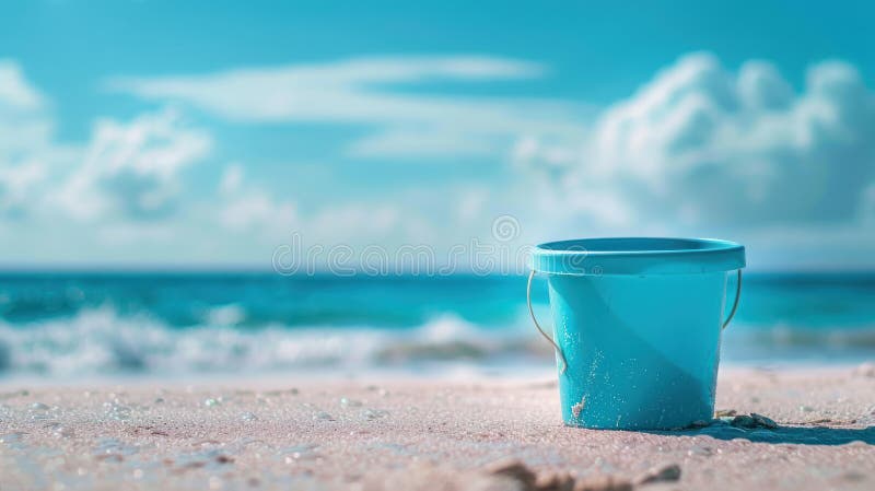 A Bucket on a Sandy Beach with a Blurred Ocean Backdrop, Representing ...