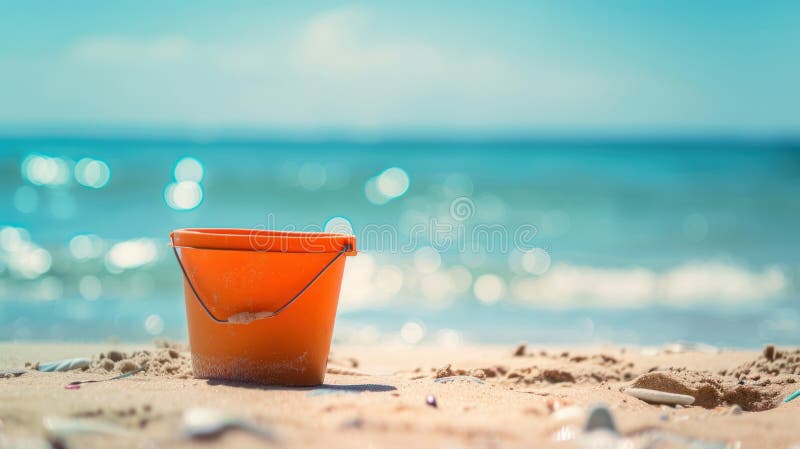 A Bucket on a Sandy Beach with a Blurred Ocean Backdrop, Representing ...