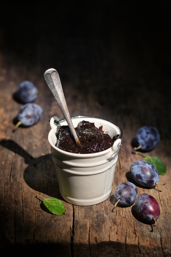 Bucket of Thick Plum Jam stock image. Image of wooden - 196215417
