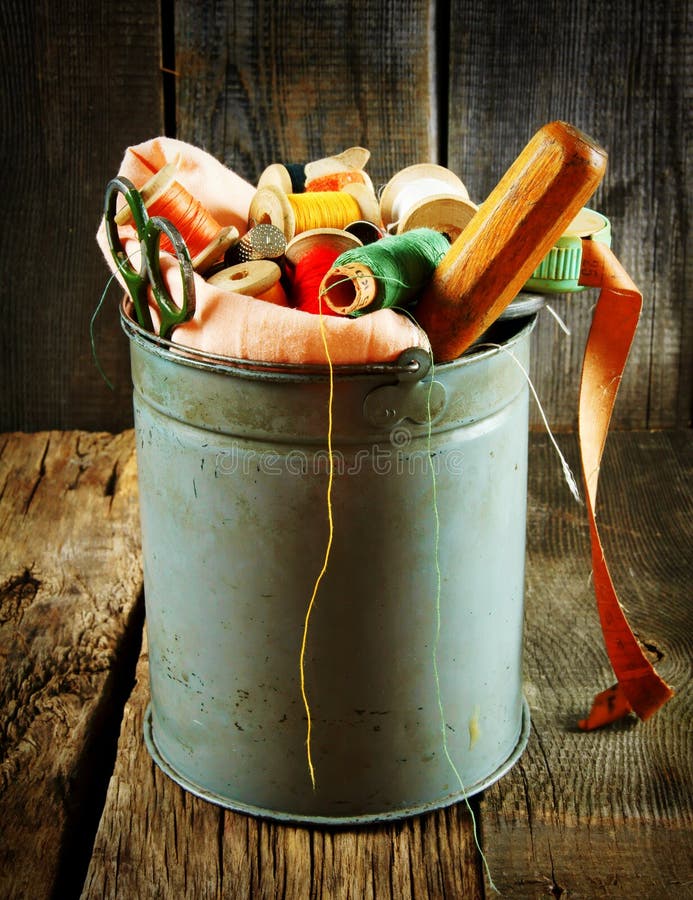 Bucket with Tools for Sewing. Stock Image - Image of metal, background ...