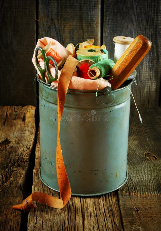 Bucket with Tools for Sewing. Stock Photo - Image of clothes ...