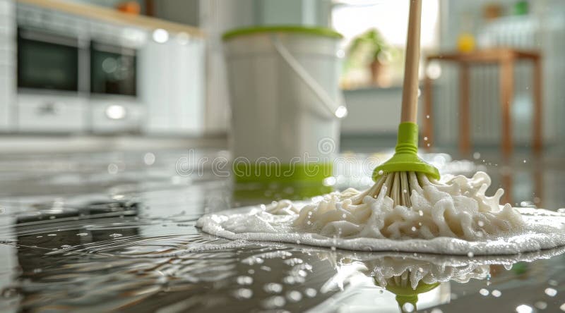 Bucket of Water and Mop on Kitchen Counter Stock Photo - Image of ...