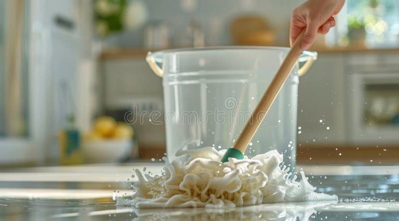 Bucket of Water and Mop on Kitchen Counter Stock Image - Image of ...