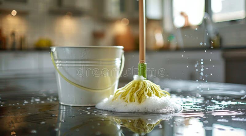 Bucket of Water and Mop on Kitchen Counter Stock Image - Image of ...
