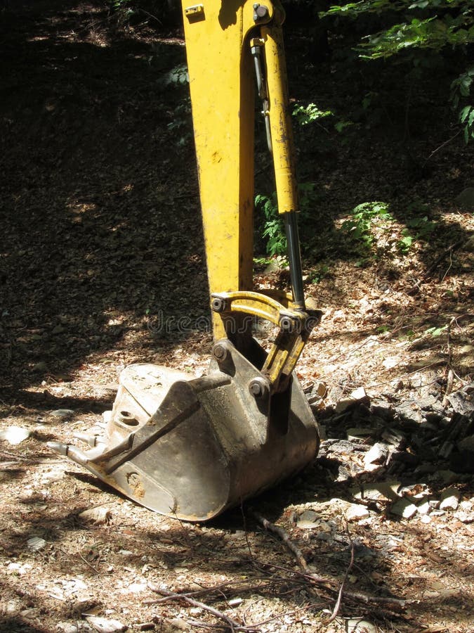 The Bucket of the Yellow Excavator Sits at Rest in the Wood Stock Photo ...