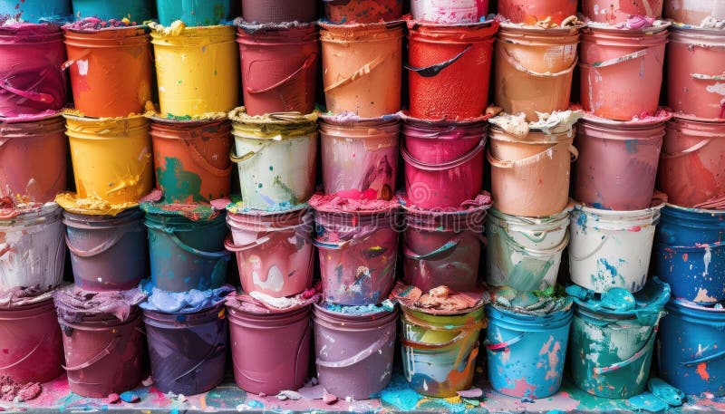 Colorful Array of Paint Buckets Stacked Tightly Against a Wall in an ...