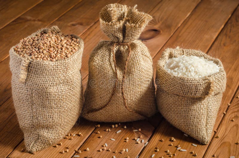 Buckwheat, millet in bags stock image. Image of cereal - 85022189