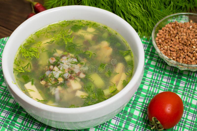 Buckwheat Soup on a Wooden Table. Top View Stock Photo - Image of ...