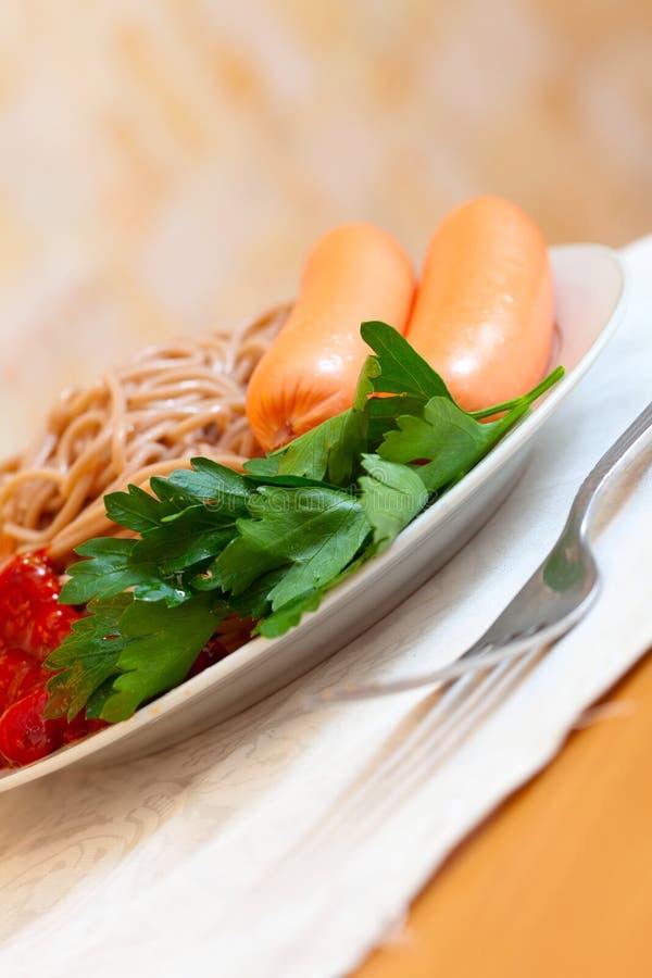 Buckwheat Spaghetti Pasta with Catchup Stock Photo - Image of sassage ...