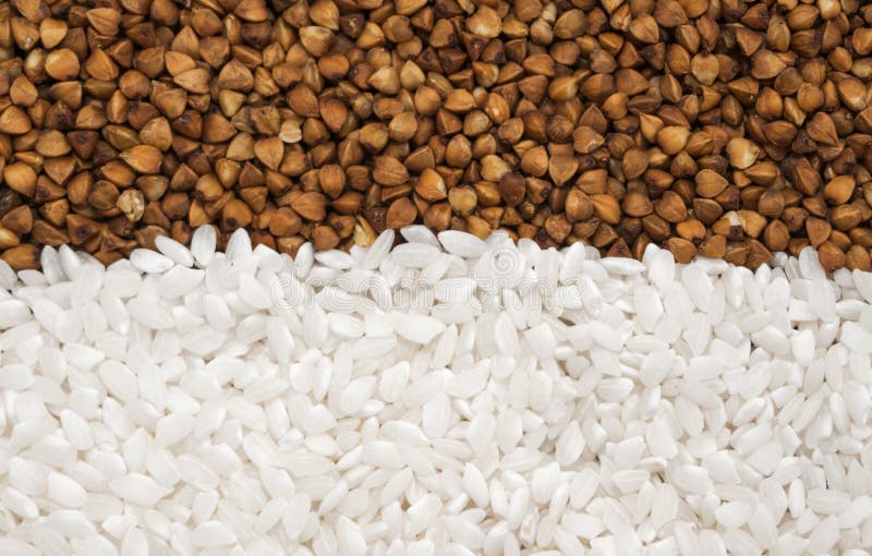 Buckwheat and White Rice Background Texture, Separated Grains of ...