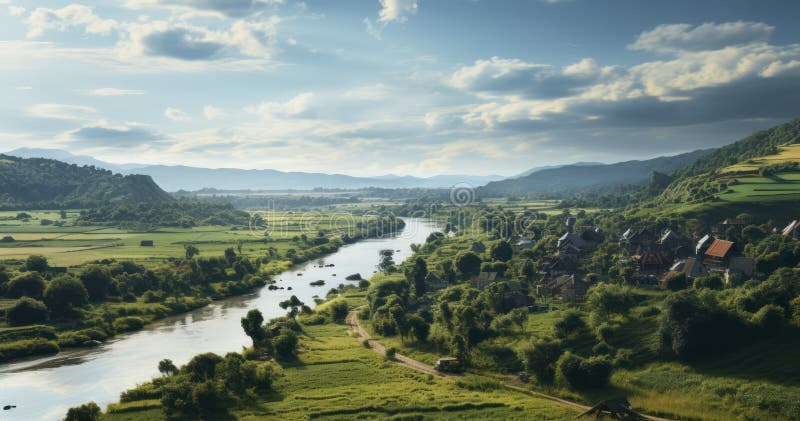 Bucolic Beauty - a Riverside Village Viewed from Afar. Generative AI ...