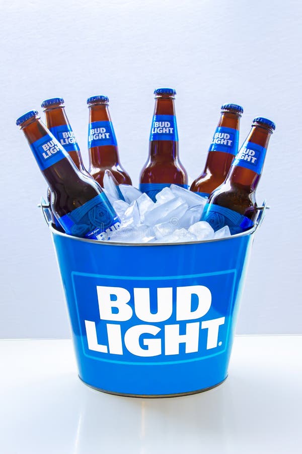 A Bud Light Beer Bucket with Six Beer Bottles with Ice on a White ...