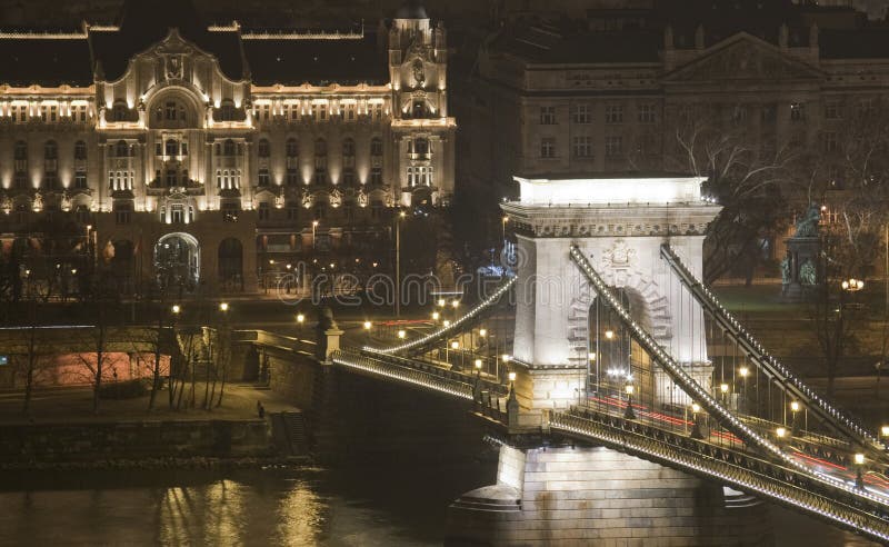 Budapest Chain Bridge By Night Winter Danube Shore Stock Image - Image ...