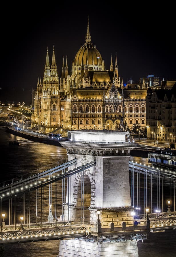 Budapest Chain Bridge and the Parliament at Night Stock Photo - Image ...